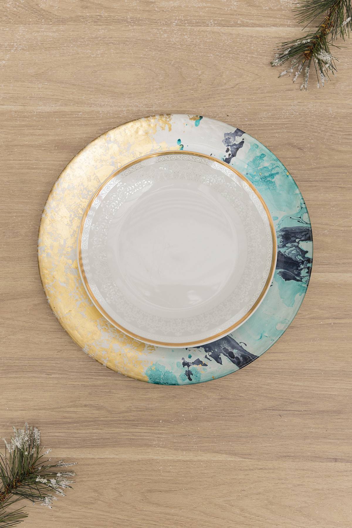 Plato Base de Vidrio Marmoleado con Turquesa | Deprati Tienda Online