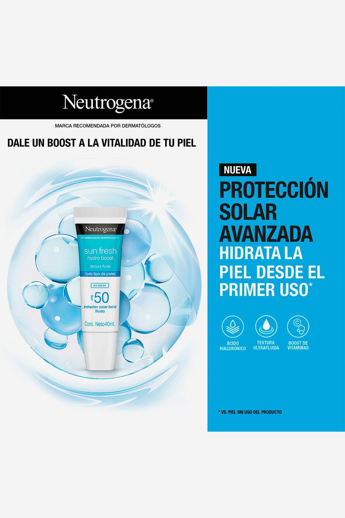 Protector Solar Sun Fresh Hydro Boost Sin Color FPS 50 Neutrogena 40 ml ...